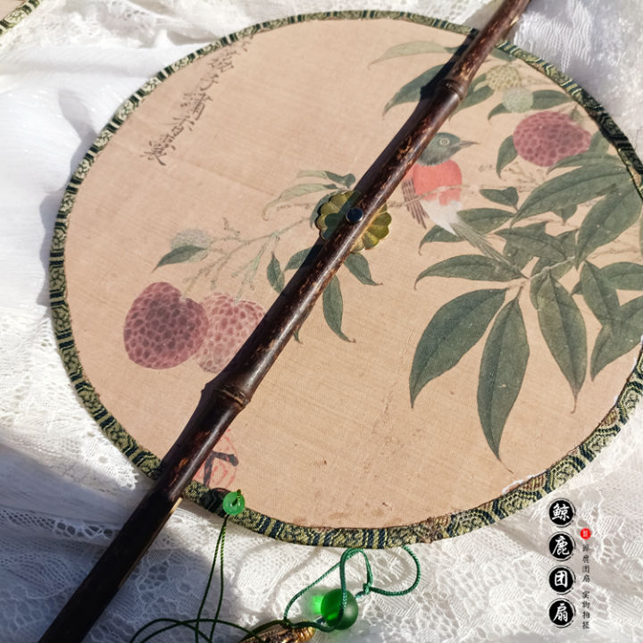 Whale deer waist fan ancient painting purple bamboo long handle folding ...