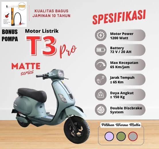 (BONUS POMPA) Sepeda Motor Listrik Uwinfly T3 Pro SLA 72V20Ah Power ...