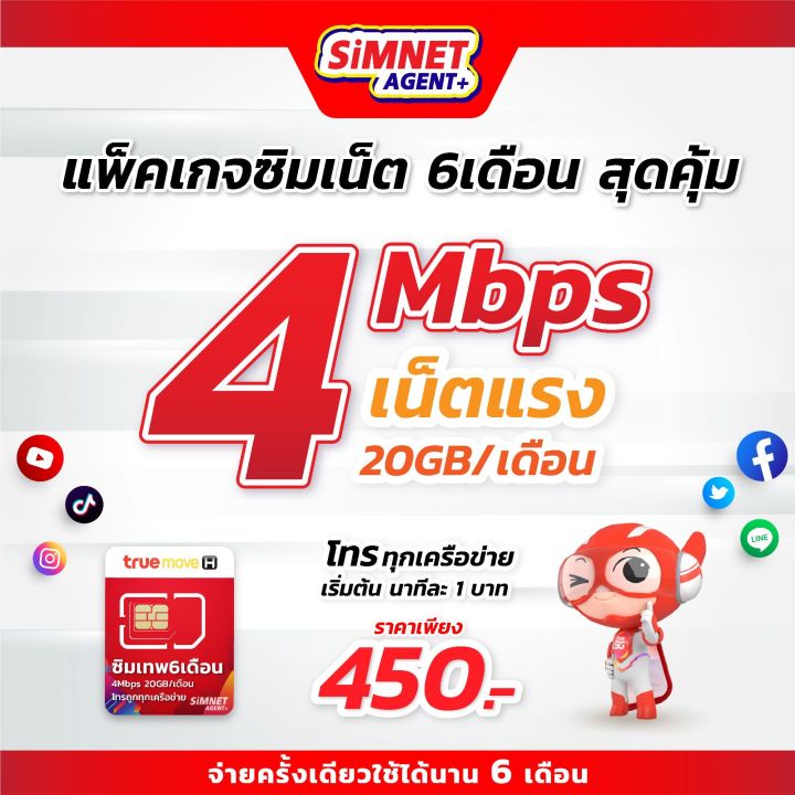 [ส่งฟรี ซิมใช้ฟรี 6เดือน] ซิม6เดือน 4Mbps 20GB / เดือน ใช้ฟรีๆ 6เดือน จ่ายเพียง 450.- ครั้งเดียว ...