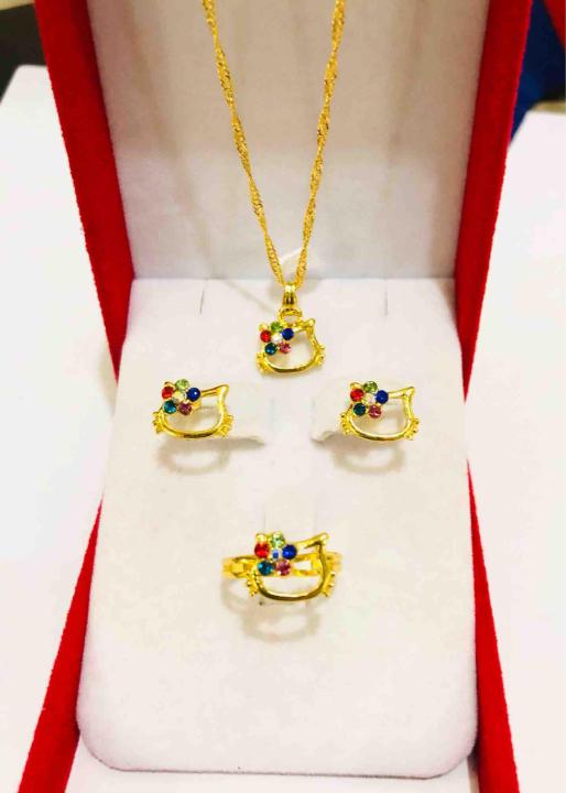 18k Bangkok gold 3in1 set ring adjustable necklace 18inches earrings ...