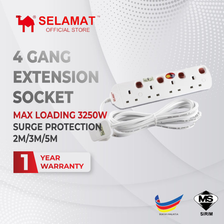 Selamat 4 Gang Surge Protection Extension Socket/Trailing Socket (2M/3M/5M) | Lazada