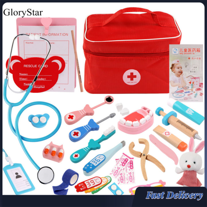 GloryStar Children Wooden Simulation Bag Medicine Box Pretend Game ...