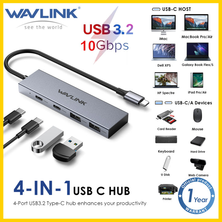 Wavlink 4-In-1 Usb C Hub Aluminum Usb C To 2 Usb C 3.2 And 2 Usb A 3.2 ...