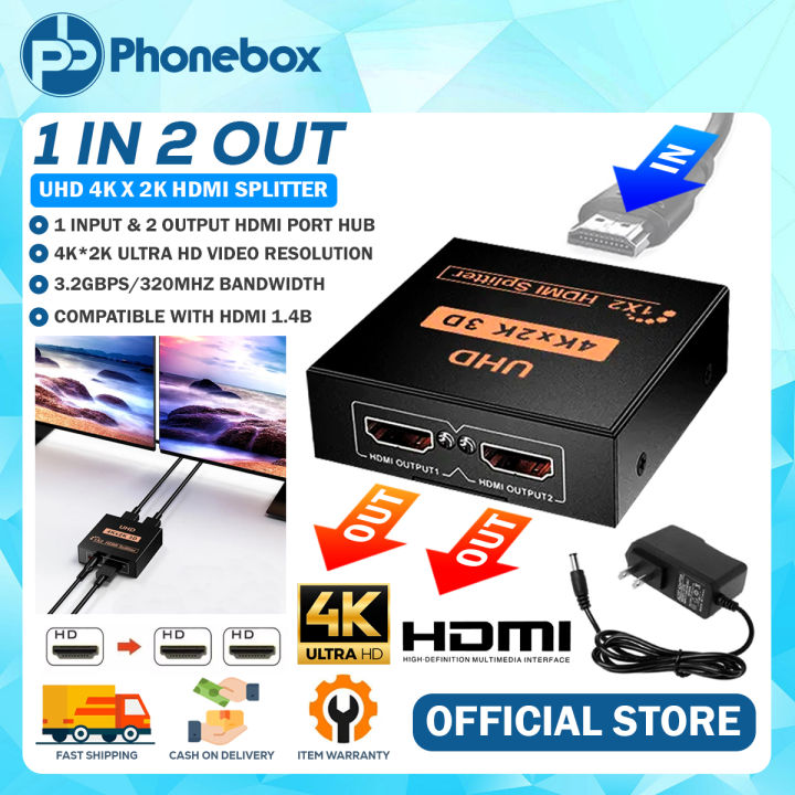 PHONEBOX 1 in 2 out Box Hub Full 4K / 1080P HD 1X2 Port HDMI Splitter ...