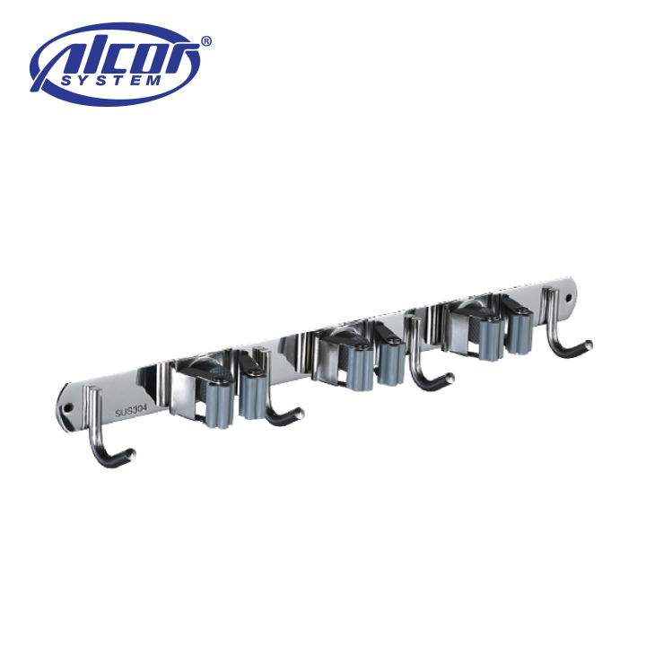 Alcor System Stainless Steel 4 Hooks & 3 Broom Holder/ Broom Mop Holder ...