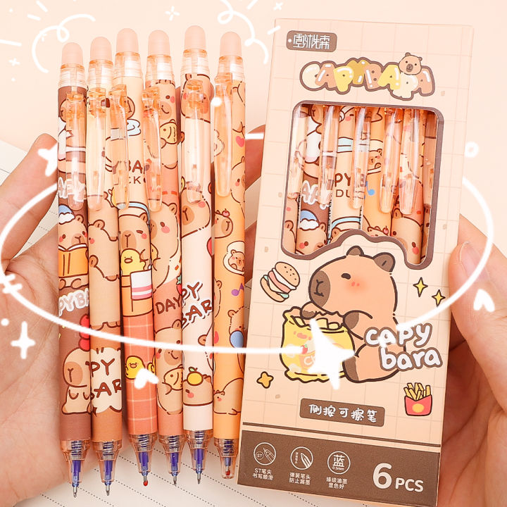 6Pcs/Box Cartoon Cute Capybara Pens 0.5mm Erasable Gel Pen Blue Ink ...