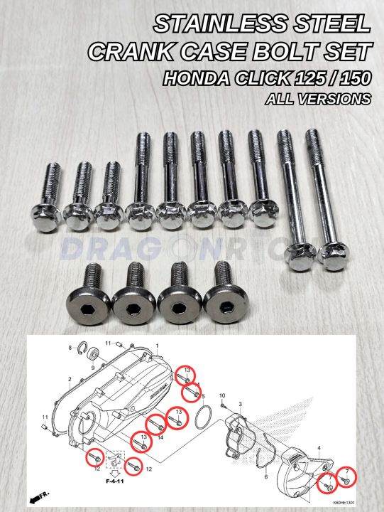 CLICK 125/150i Crank Case Bolt Set CVT Stainless Bolts Steel Chrome ...