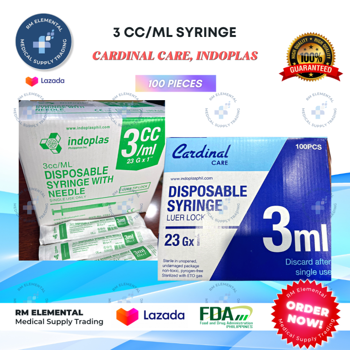[ BOX ] 3CC Syringe (INDOPLAS, CARDINAL-CARE, SURE-GUARD, KINGMED) Luer Lock 100 pieces per box ...