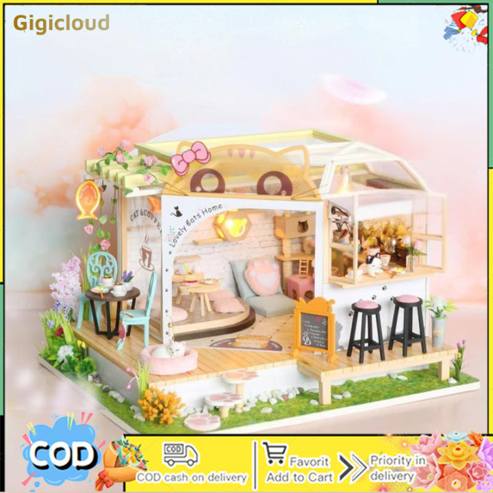 DIY Cat Cafe Miniature Dollhouse Kit With Music And Light Cat Coffee ...