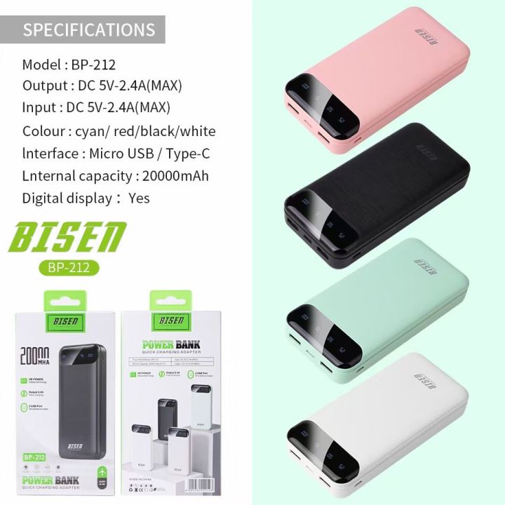 Power Bank/Portable Charger Bisen BP 212 20000 mAh 3.5V 2.4A Fast Charge 2 USB Sport Cables for ...