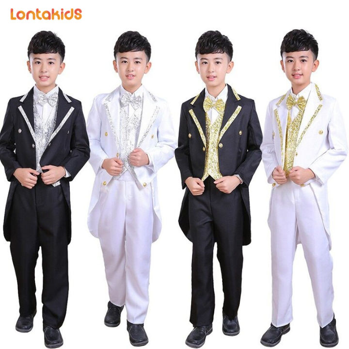 lontakids 6Pcs Toddler Boys Tailcoat Swallowtail Suit White Black Long ...