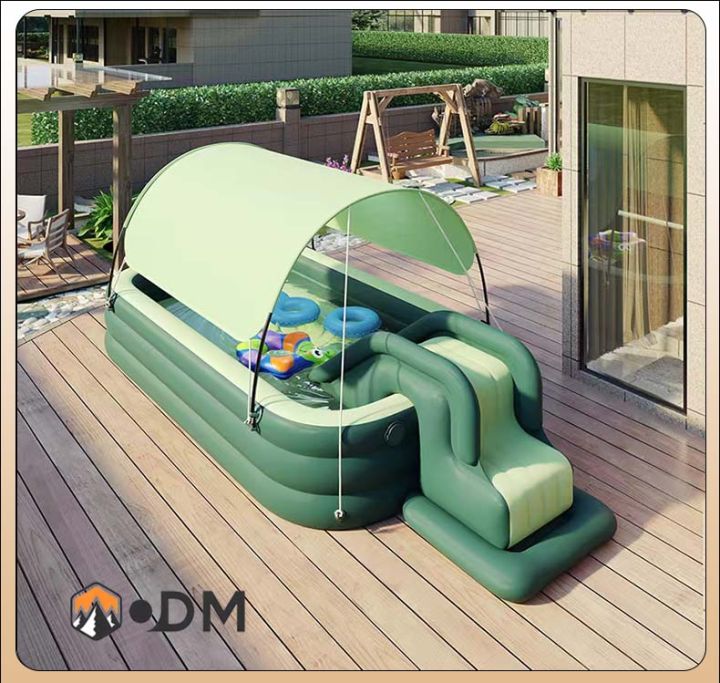 OUTDOORMORE Inflatable Swimming Pool with Slide and Sun Shade Extra ...