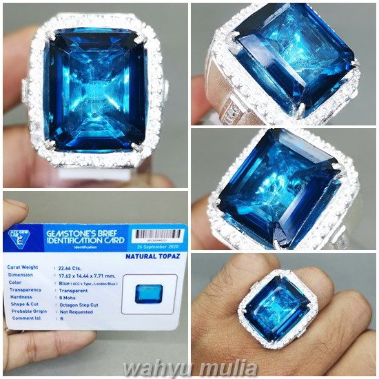 Batu Cincin London Blue Topaz Kotak Jumbo Besar Asli Bersertifikat kode ...