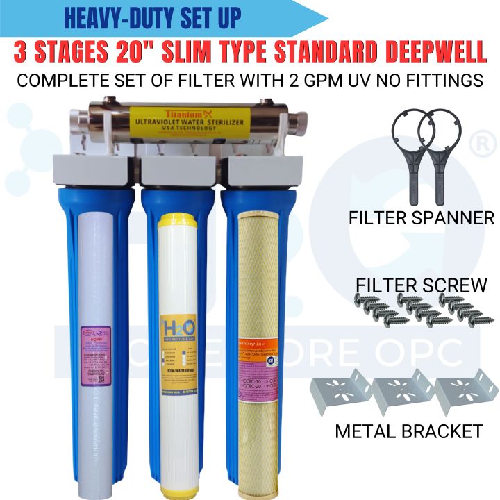Water Filter 3 Stages 20" Slim Type Standard Deepwell with 2 GPM Uv ...