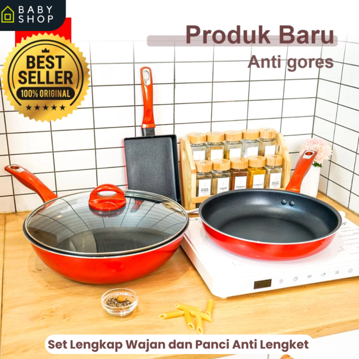 Kitchen Ruby Set Lengkap Metallic Red - Set Lengkap Wajan dan Panci Anti Lengket dengan Tutup ...