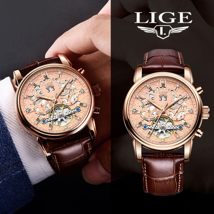 LIGE Men Watch Automatic Designer Luxury Mechanical Wrist Watches Brown ...