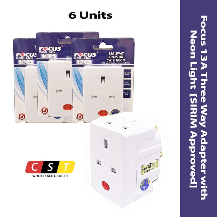 Focus 13A Three Way Adapter with Neon Light [SIRIM Approved] x 6 units ...
