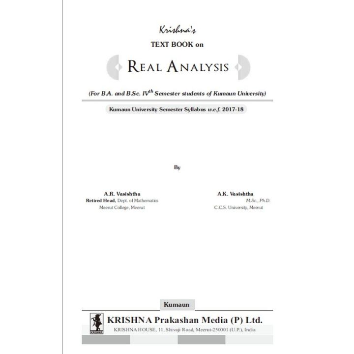 Krishnas Real Analysis Edition 1b A R Vasishtha Lazada