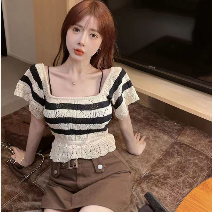 Anruo เสื้อยืดแขนสั้นคอวีลายทางสีตัดกันแนวหวานแหวววสำหรับผู้หญิงดีไซน์ 3662