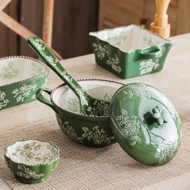 HongDian ชามเซรามิก ceramic porcelain bowl ลายดอกไม้กอไผ่สีเขียว เคลือบ ...