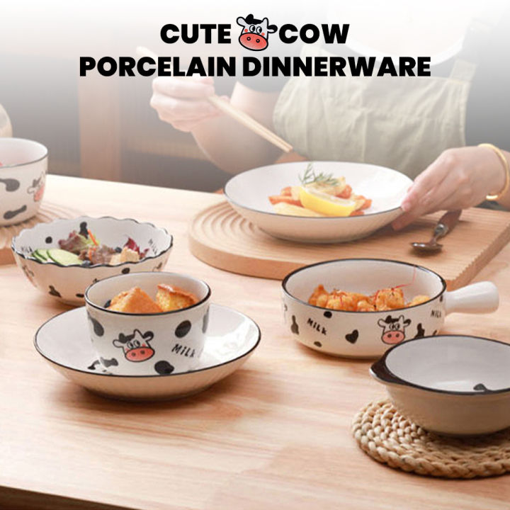 Cute Cow Design Porcelain Dinnerware Dumpling Plate Soup Noodle Bowl ...
