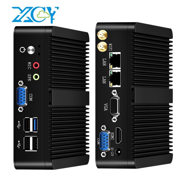 XCY Fanless Mini PC Intel Celeron J1900 Quad-Cores 2.0GHz 2x RS232 2x LAN Windows 10 Linux ...