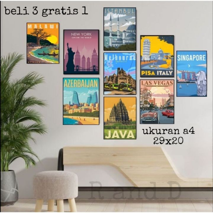 Poster gambar kota paris kota london, hiasan dinding bingkai kayu ...