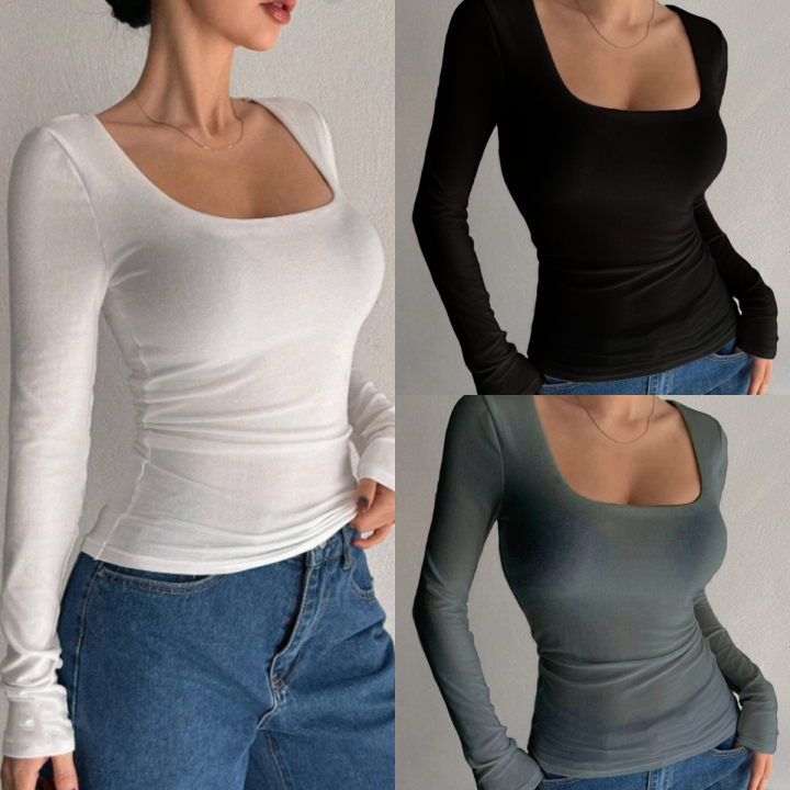KILY.PH Double Lining Squareneck Lonsgleeves Tops Body Hugging Top for Women Small to Medium ...