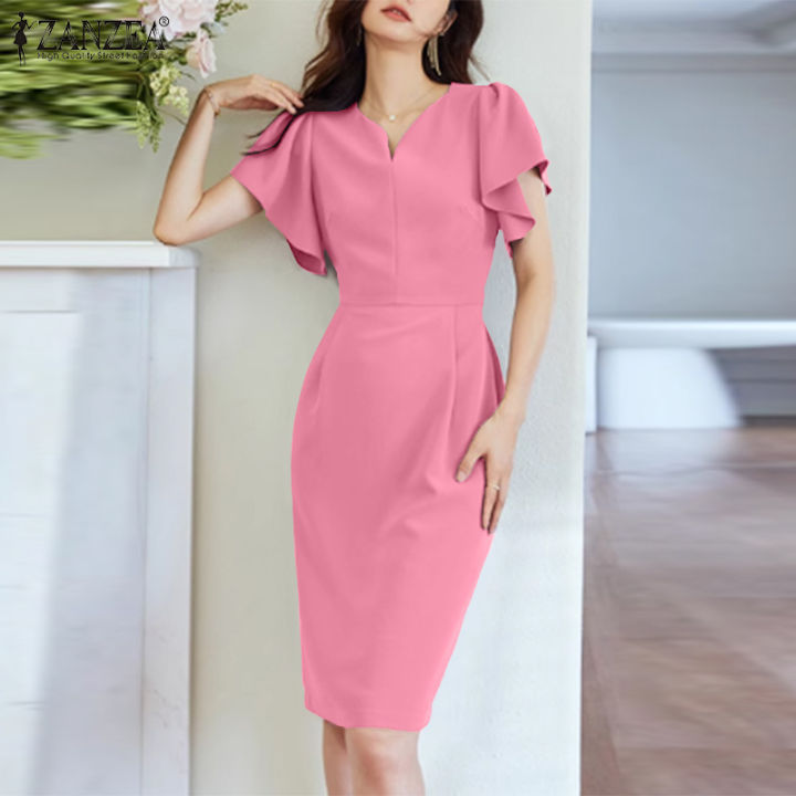 Hijabfab Zanzea Korean Style Womens Dress Ruffle Sleeve V Neck Plain