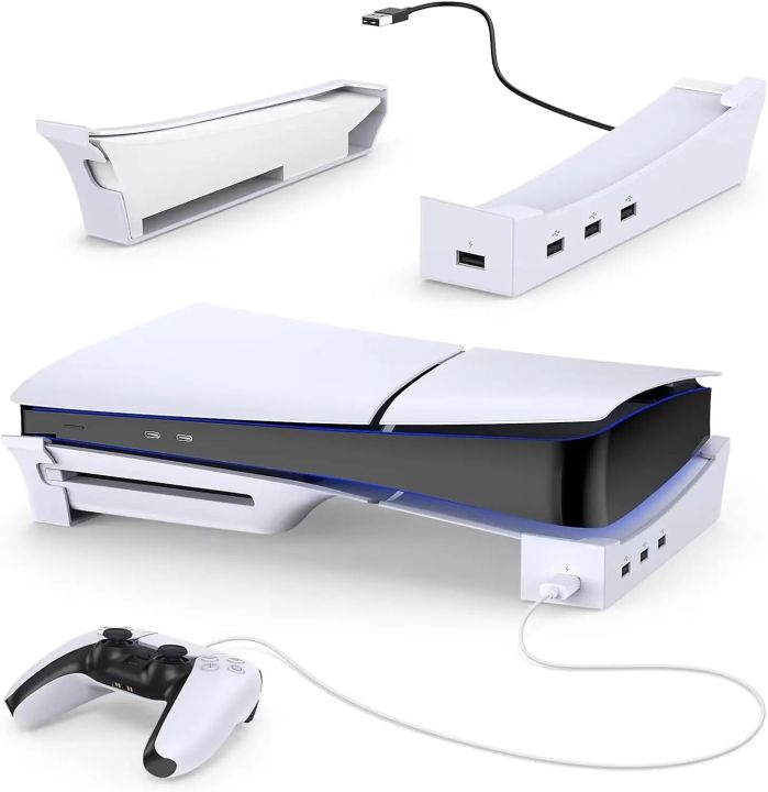 Narsta Horizontal Stand for PS5 Slim Console with 4-Port USB Hub Charging Base Accessories for ...