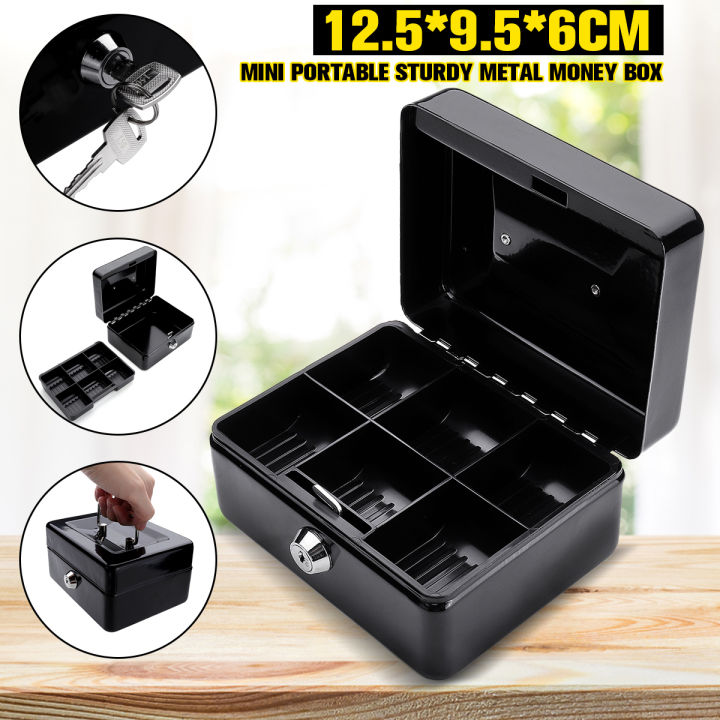 Mini Portable Money Safe Storage Case Black Sturdy Metal With Coin Tray ...