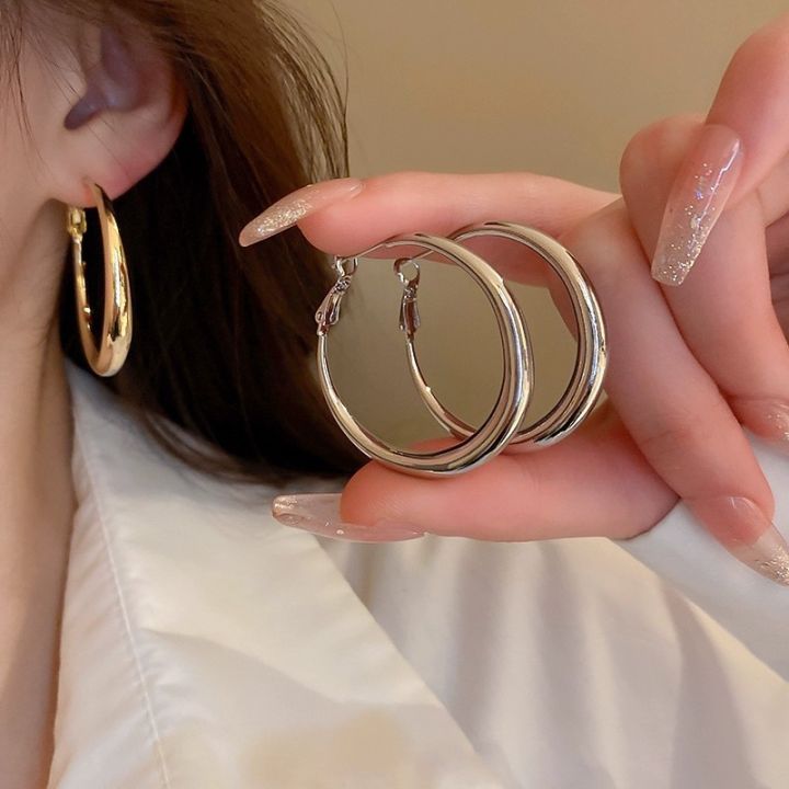 JWER Fashion Silver Color Big Circle Smooth Hoop Earrings For Women Exaggerated Metal Geometric ...