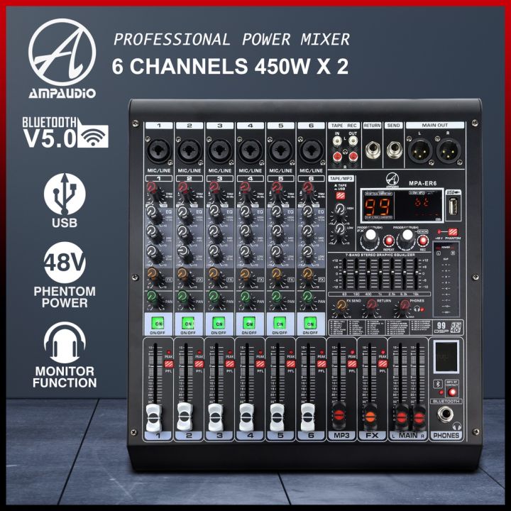 AmpAudio 6 Channel Power Mixer With DSP Monitor Phantom Power & Bluetooth Function 450Wx2 | Lazada