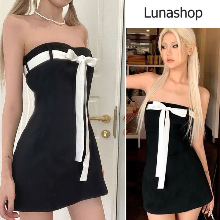 Luna shop🌻ชุดเดรสเปิดไหล่สีดำ สง่างาม เสื้อผ้าผู้หญิง เดรสแฟชั่นเกาหลี ...