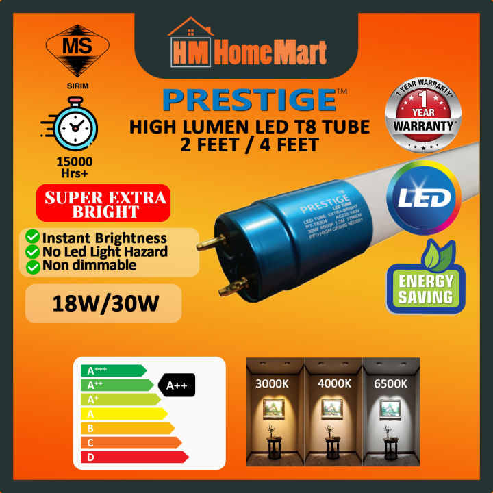 PRESTIGE Super Bright LED T8 Tube 18W 2FT/ 30W 4FT (6500K)(SIRIM)(1 ...