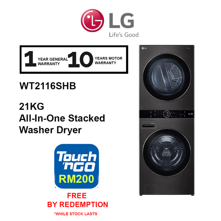 LG 21KG WashTower All-In-One Stacked Washer Dryer WT2116SHB (21KG Heat Pump Dryer and 16KG Front ...