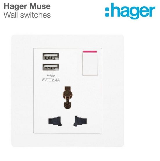 Hager Muse 16A Universal Switched Socket Outlet with 2 USB Charger | Lazada