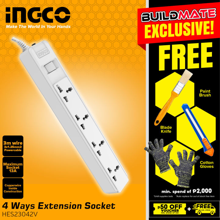 BUILDMATE Ingco 4 Ways Extension Cord Universal Socket Outlet HES23042V ...