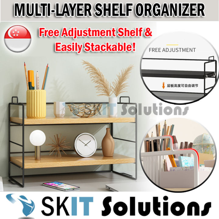 1/2/3 Tiers Desktop Shelf Organizer Adjustable Wood Display Desk Book ...