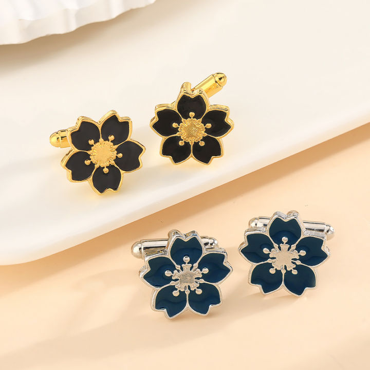 1Pair Creative Minimalist Blue Black Cherry Blossom Design Cufflinks ...