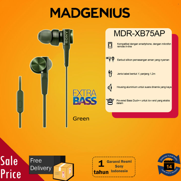 Sony Original MDR-XB75AP / MDR XB75AP / MDRXB75AP Green Extra Bass ...
