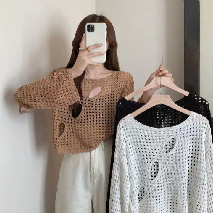 🍉 เสื้อครอปแขนยาว ผ้าตาข่ายซีทรู ดีเทลเว้า 3 จุดเฉียง เท่ห์สุดๆ สินค้า ...