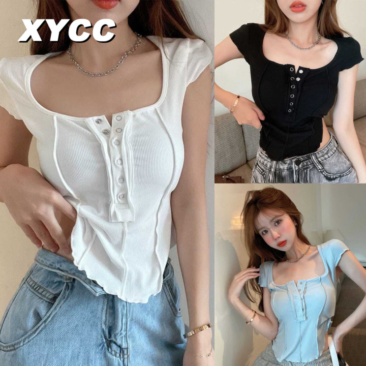 XYCC เสื้อคอตั้งมีกระดุมสีทึบง่าย,เสื้อคอขึ้นรูปตัว U-Neck ตัดด้านบนด้วยด้านข้าง | Lazada.co.th