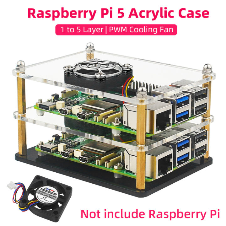 【Must-Have Style】 Raspberry Pi 5 Case Transparent with PWN Cooling Fan Stackable Plate Case for ...