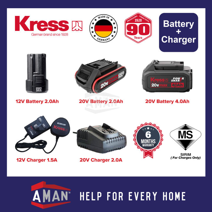 KRESS Battery And Charger 100% Original 12V 20V 2.0Ah 4.0Ah For Impact ...