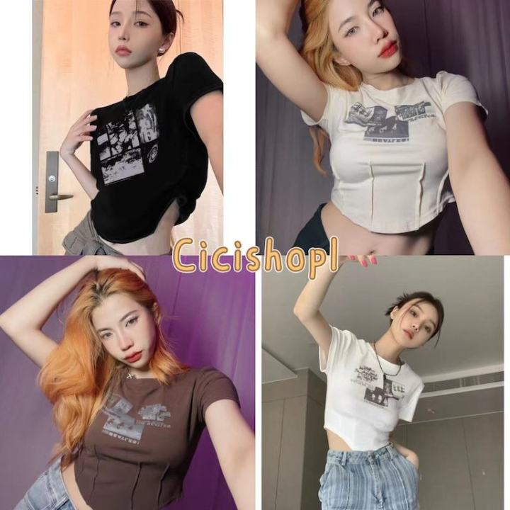 Cici(3337)เสื้อแขนสั้น Crop top แต่งสกีนลายสุดเท่ ดีเทลปลายตัด แนว street girl | Lazada.co.th