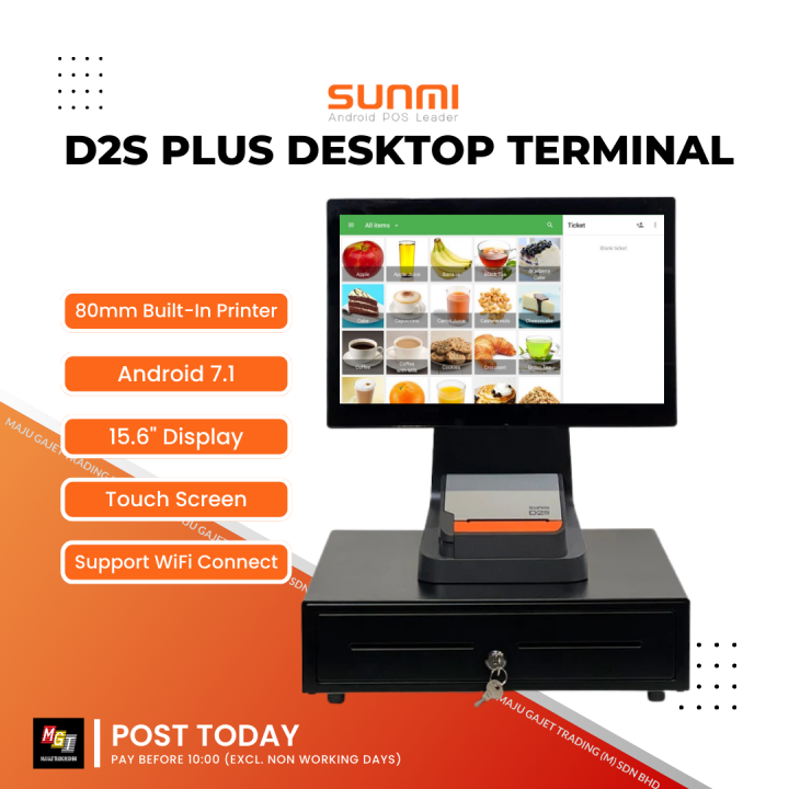 SUNMI D2S PLUS Desktop Terminal with 80mm Built In Printer Cash Drawer Single Display | Lazada