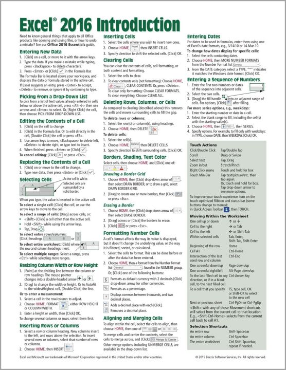 Microsoft Excel 2016 Introduction Quick Reference Guide - Windows Version (Cheat Sheet of ...