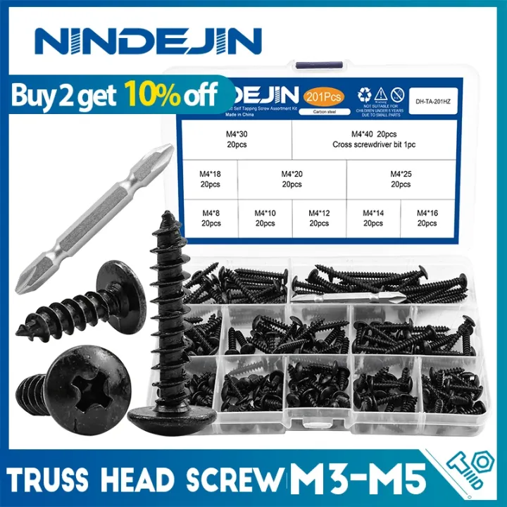 NINDEJIN Cross Truss Head Self Tapping Screw Set M3 M3.5 M4 M5 Black Plated Phillips Mushroom ...