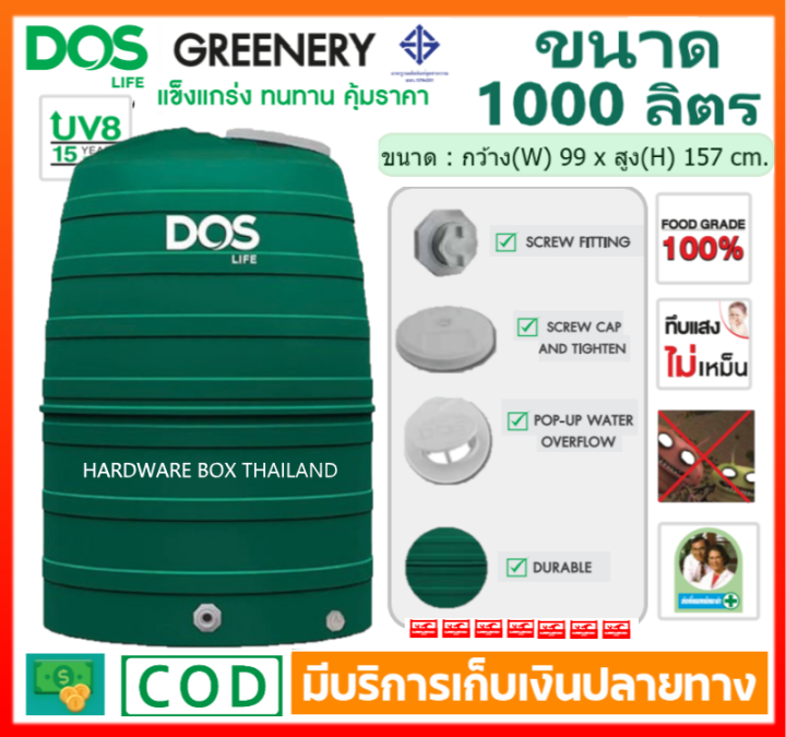 ถังเก็บน้ำ ดอส DOS รุ่น GREENERY 1000 ลิตร ทึบแสง กันตะไคร่น้ำ ป้องกันแสงแดด UV 8 รับประกัน 15 ...